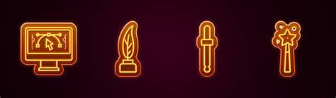 디자인 프로그램 깃털 및 잉크병 스포이드 색상 선택기 팔레트 및 마술 지팡이가 있는 라인 컴퓨터를 설정합니다 빛나는 네온 아이콘입니다 벡터 개념에 대한 스톡 벡터 아트 및