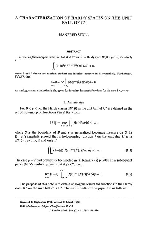 Pdf A Characterization Of Hardy Spaces On The Unit Ball Of Cn