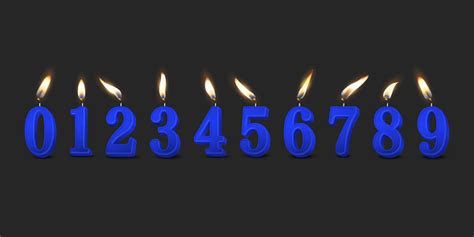 벡터 3d 현실적인 파라핀 또는 왁스 굽기 파란색 생일 파티 촛불 숫자 및 촛불 아이콘 세트의 다른 불꽃이 격리되어 있습니다