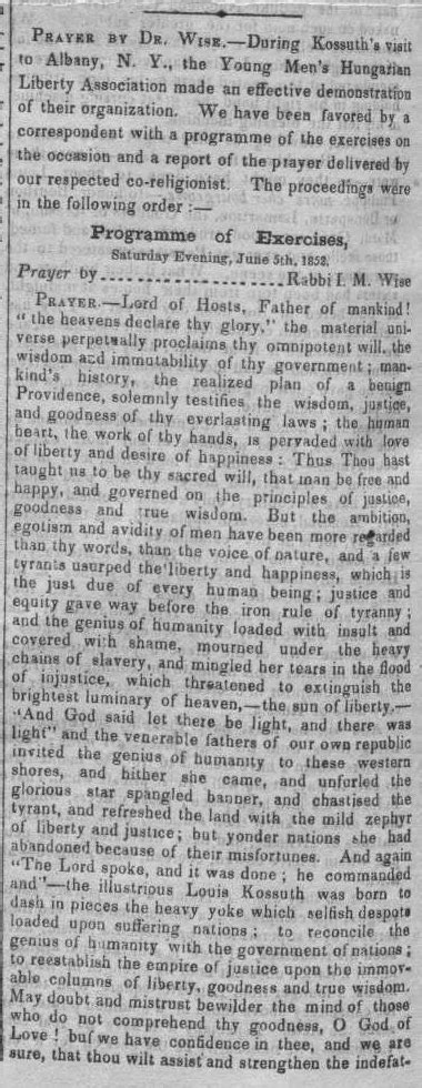 Prayer For Lajos Kossuth By Rabbi Isaac Mayer Wise 5 June 1852 • The