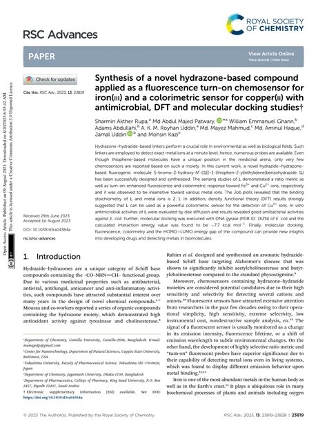 Pdf Synthesis Of A Novel Hydrazone Based Compound Applied As A Fluorescence Turn On