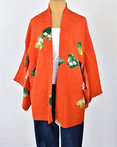 Cleaned Original Japanese Vintage Haori Orange Short Silk Kimono
