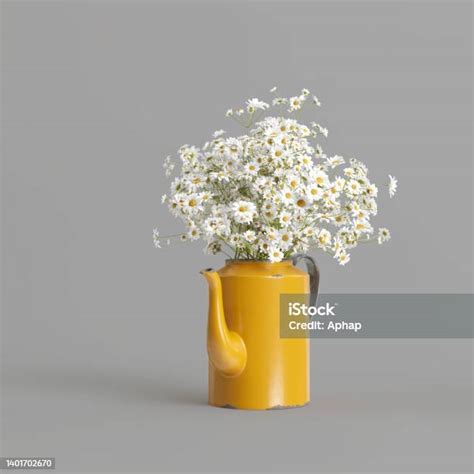 흰색 배경에 고립 된 꽃병 꽃의 3d 그림 꽃병에 대한 스톡 사진 및 기타 이미지 꽃병 꽃 식물 노랑 Istock