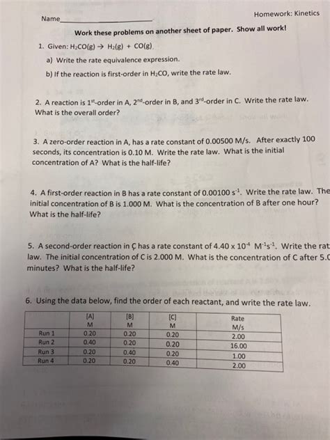 Solved Homework Kinetics Name Work These Problems On Chegg
