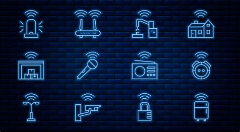 세트 라인 스마트 냉장고 로봇 청소기 로봇 로봇 팔 손 공장 무선 마이크 창고 점멸 사이렌 라디오 및 라우터 Wifi 신호 아이콘 벡터 거리에 대한 스톡 벡터 아트 및 기타