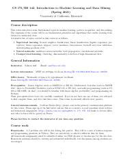 Cs171 Ee142 Syllabus Pdf CS 171 EE 142 Introduction To Machine Learning And Data Mining