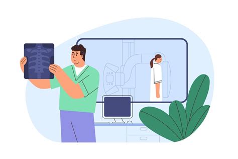 의사는 병원에서 X선 기계로 환자의 가슴과 척추 뼈를 스캔합니다 클리닉에서 의료 엑스레이 검사 방사선 촬영 뢴트겐 방 흰색