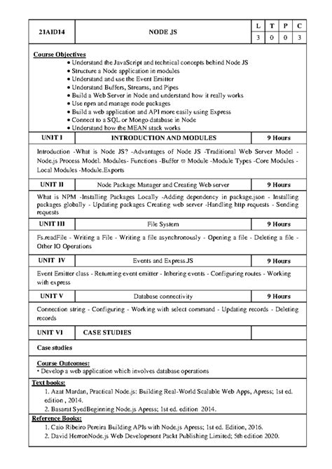 Node Js Syllabus Of Cyber Security 21aid14 Node Js L T P C 3 0 0 3
