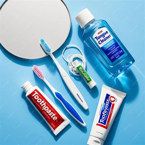 Toothbrush Tongue Cleaner Floss Toothpaste Tube And Mouthwash On Blue