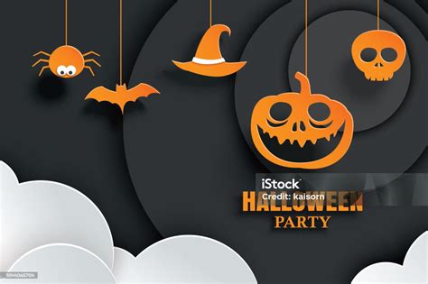 할로윈 오렌지 종이 어두운 배경에서 매달려입니다 파티 초대권 전단 인사말 배너 포스터 벡터 일러스트 레이 션에 대 한 사용 합니다 10월에 대한 스톡 벡터 아트 및 기타