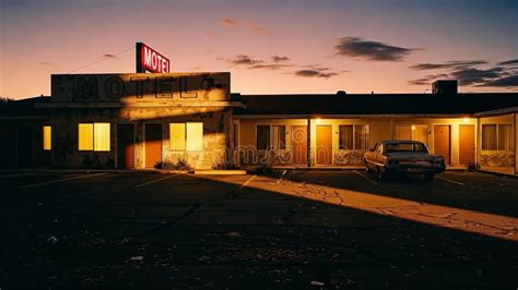 Vintage Motel At Sunset With Classic Car In Parking Lot Liminal Stock