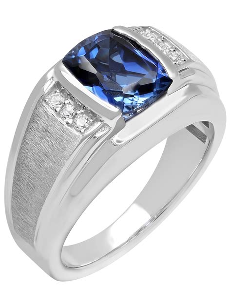 Men S Sterling Silver Created Blue And White Sapphire Ring Mens Ring