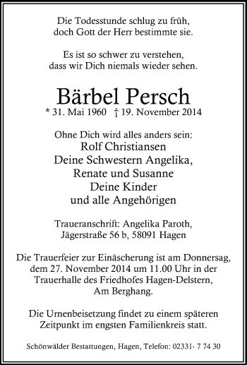 Traueranzeigen Von Bärbel Persch Trauer In Nrw De