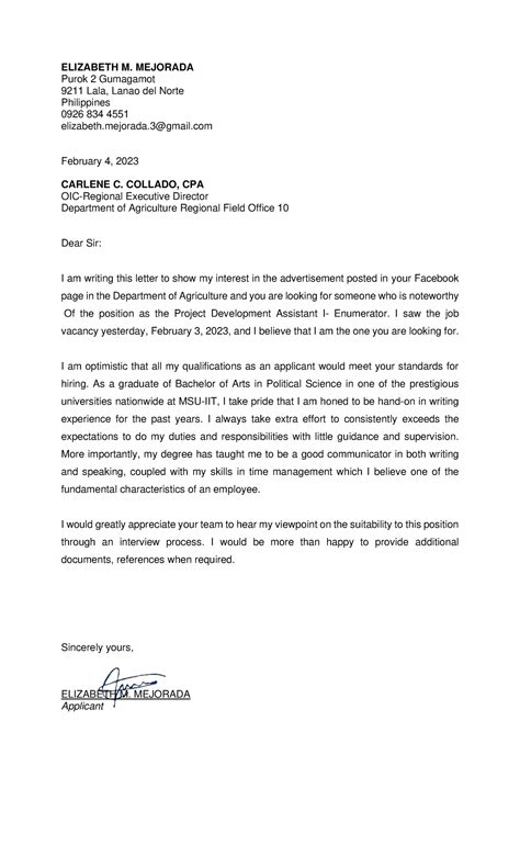 Mejorada E Application Letter For Project Development Assistant I