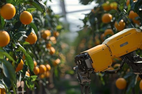 Robotic Arm Picking Ripe Oranges In Orchard Smart Agriculture Technology Concept Premium Ai