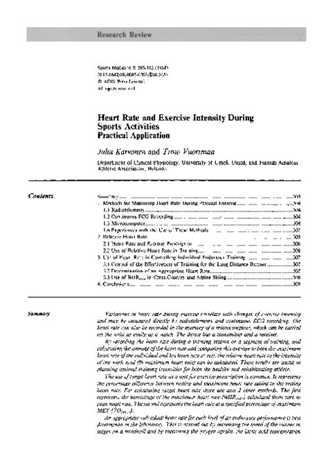 Pdf Heart Rate And Exercise Intensity During Sports Activities