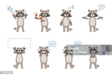 다른 상황에서 포즈 만화 너구리 캐릭터의 집합입니다 쾌활 한 너구리 노래 춤 자 고 생각 하 고 깃발을 들고 깜짝 놀라게 웃 고 진지한 감정에 대한 스톡 벡터 아트 및 기타