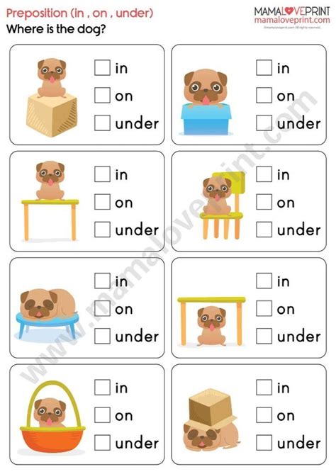 Grade 1 english worksheets prepositions level 1 in on under level 2 in front of behind between ...