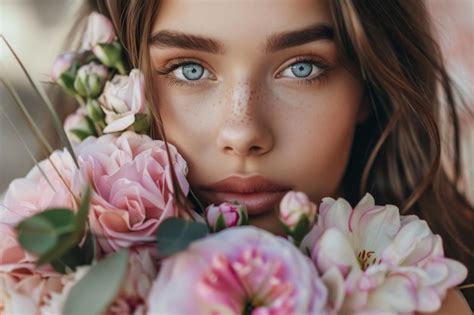 Freckled Girl Among Flowers Closeup Of Eyes Premium Ai Generated Image