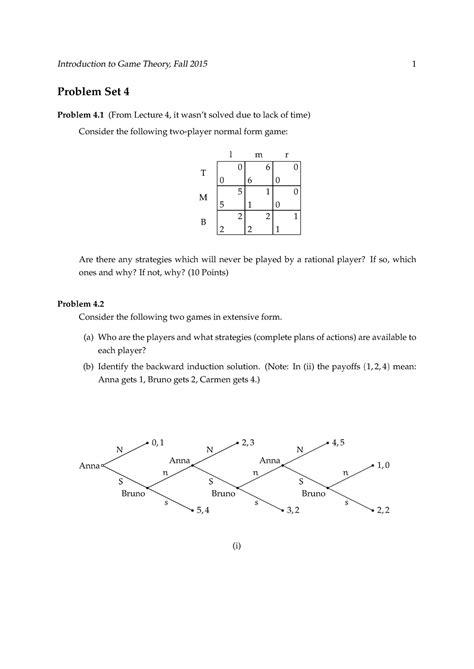 Game Theory Exercise Introduction To Game Theory Fall Problem Set Problem