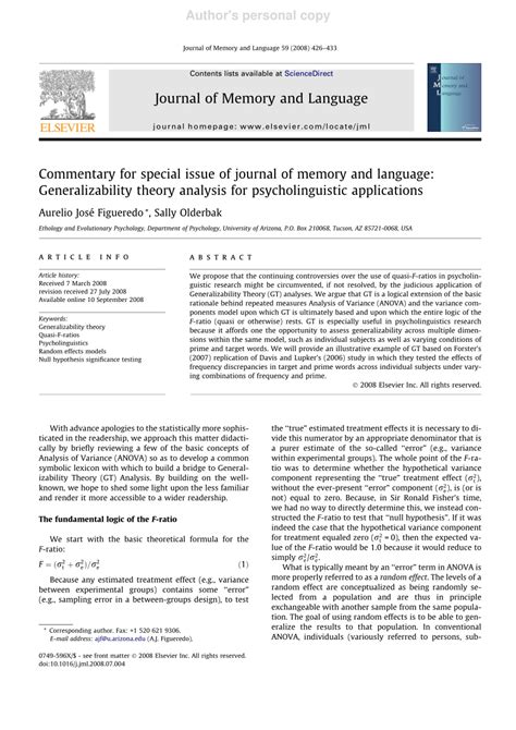 Pdf Commentary For Special Issue Of Journal Of Memory And Language Generalizability Theory