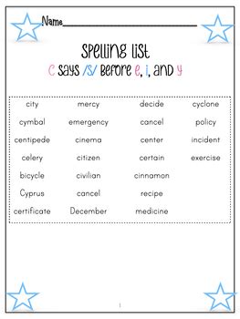 Spelling Practice Worksheets C Makes The S Sound Before E I And Y