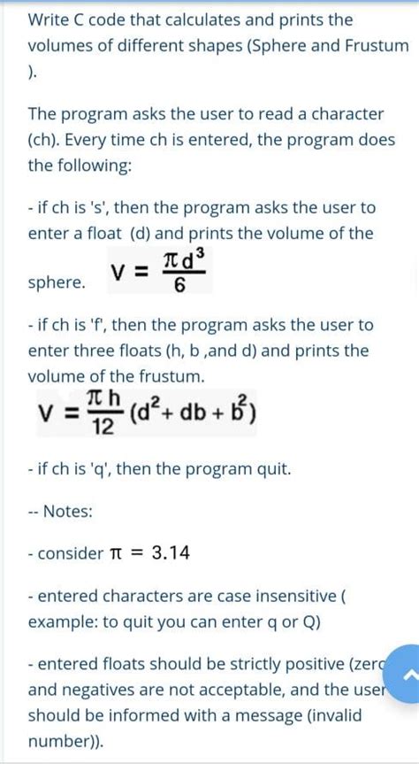 Solved Write C Code That Calculates And Prints The Volumes