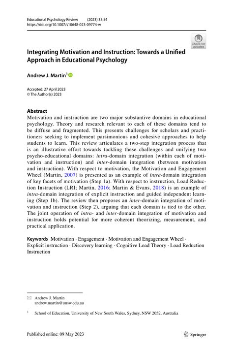 Pdf Integrating Motivation And Instruction Towards A Unified Approach In Educational Psychology