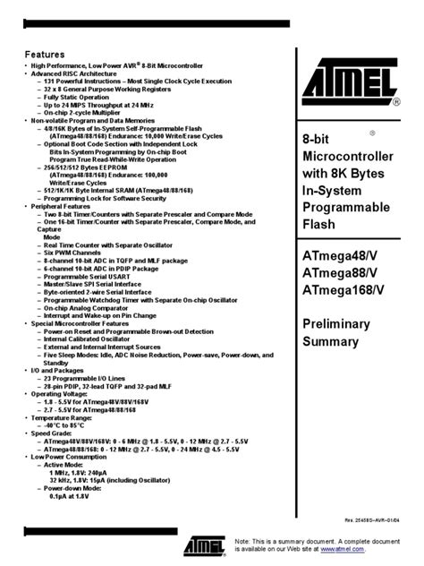 8 Bit Microcontroller With 8k Bytes In System Programmable Flash Atmega48v Atmega88v Atmega168