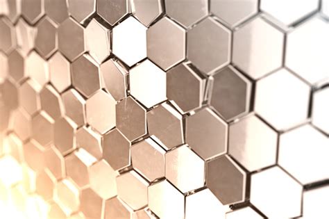 Futuristick 추상 필드 효과의 깊이 가진 6 각형 배경 육각형의 많은 수의 구조입니다 강철 벌집 벽 질감 빛나는 육각형 클러스터 배경 3d 렌더링 3차원 형태에