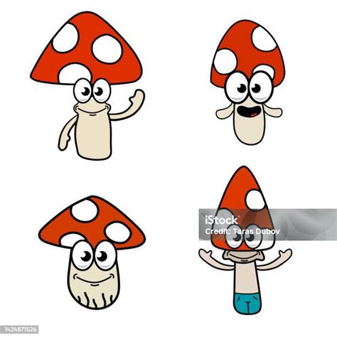 버섯 캐릭터 빨간 모자로 그리는 재미있는 아이들 흰색에 고립 된 귀여운 개요 만화 일러스트 레이 션 가공의 인물에 대한 스톡