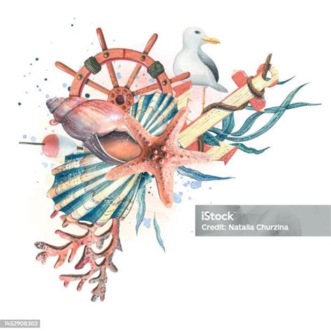 조개 불가사리 산호 스티어링 휠 및 페인트가 튀는 수채화 지점에 구명 부표가있는 해양 구성 바다의 심포니 컬렉션의 일러스트 구도에 대한 스톡 벡터 아트 및 기타 이미지