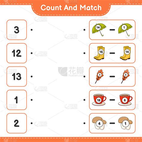 数并匹配，数雨伞，胶靴，橡树叶，咖啡杯，蘑菇牛肝菌的数量并匹配正确的数字。教育儿童游戏，可打印的工作