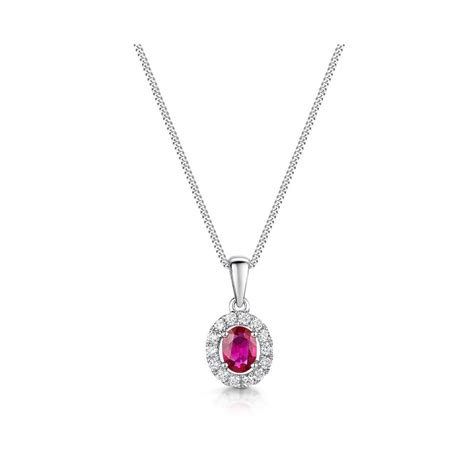 18ct White Gold 038ct Diamond And 017ct Ruby Oval Halo Pendant