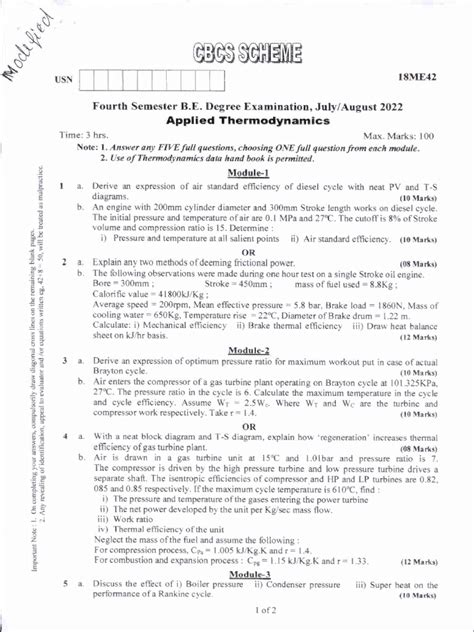 18me42 Applied Thermodynamics July 2022 Narendra N Vtu Exam Question