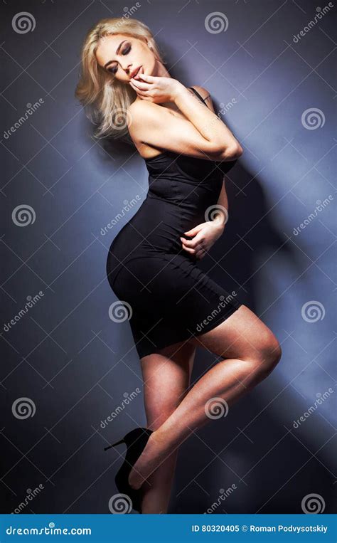 Beautiful Woman On Black Classical Dress Pose Stock Image Image Of