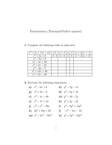 Factorisation Trinomial Perfect Squares Worksheet No 2 With Solutions Teaching Resources