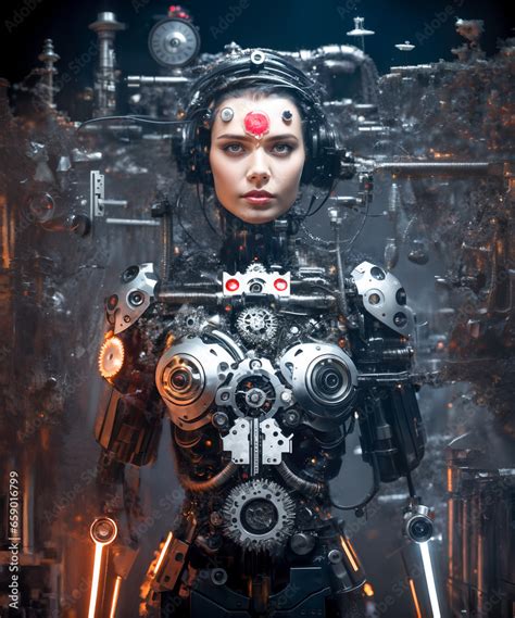 Woman Robot Android In A Futuristic Suit Surrounded By Assorted Tools