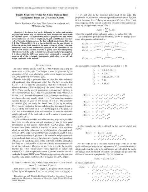 pdf binary cyclic difference set codes derived from idempotents based