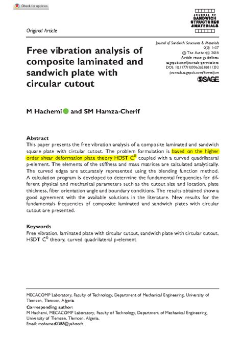 Free Vibration Analysis The Problem Formulation Is Based On The Higher Order Shear Deformation