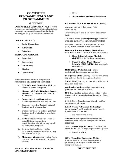Computer Fundamentals And Programming Reviewer Pdf Random Access Memory Object Oriented