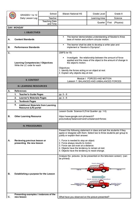 Grade 8 Dll For Science 8 Grades 1 To 12 School Bilaran National Hs