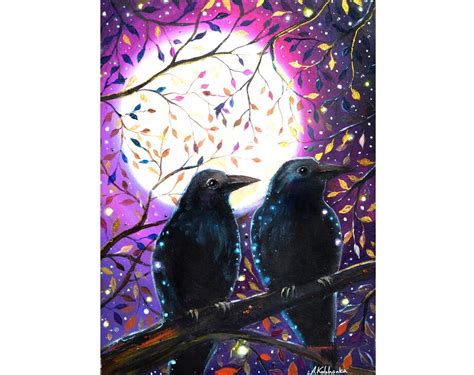 Original Art Black Crow Art Two Crows With Moon Print Starry Sky