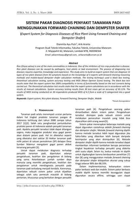 Pdf Sistem Pakar Diagnosis Penyakit Tanaman Padi Menggunakan Forward