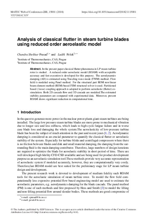 Pdf Analysis Of Classical Flutter In Steam Turbine Blades Using Reduced Order Aeroelastic Model