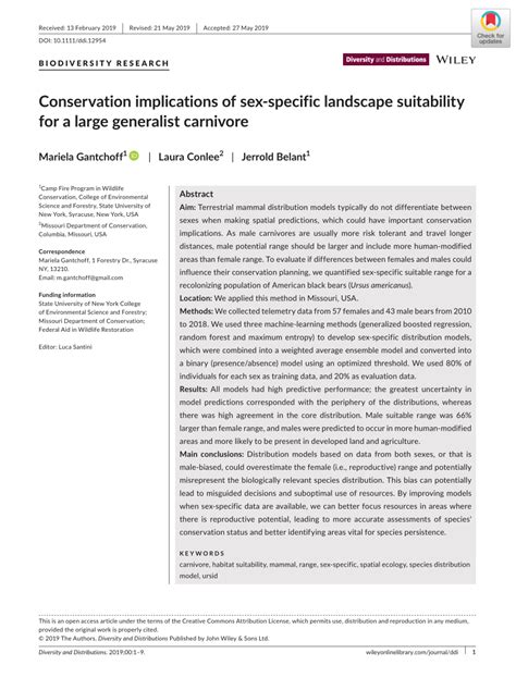 Pdf Conservation Implications Of Sex‐specific Landscape Suitability For A Large Generalist