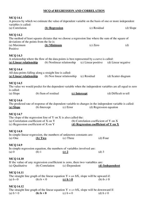 Correlation And Regression Mcqs Exams Statistics Docsity