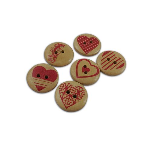 6 Red Heart Sewing Buttons 20mm Wooden Buttons Decorative Natural