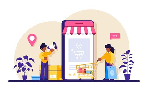 모바일 온라인 쇼핑 마케팅 및 디지털 마케팅 플랫 피플 캐릭터 숍 현대 플랫 일러스트 개념에 대한 스톡 벡터 아트 및 기타