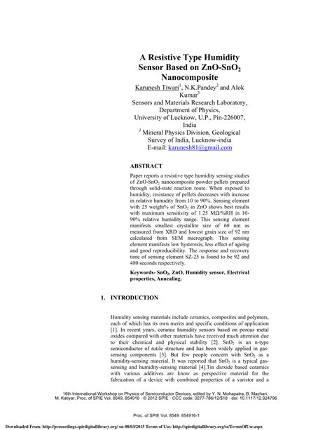 Pdf A Resistive Type Humidity Sensor Based On Zno Sno2 Nanocomposite